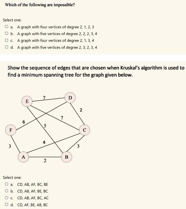 SOLVED: Which ofthe following are impossible? Select one: A graph with four vertices of degree 2 ...