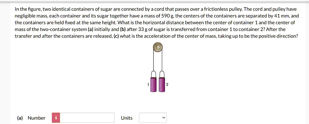SOLVED: In the figure, two identical containers of sugar are connected by a cord that passes ...