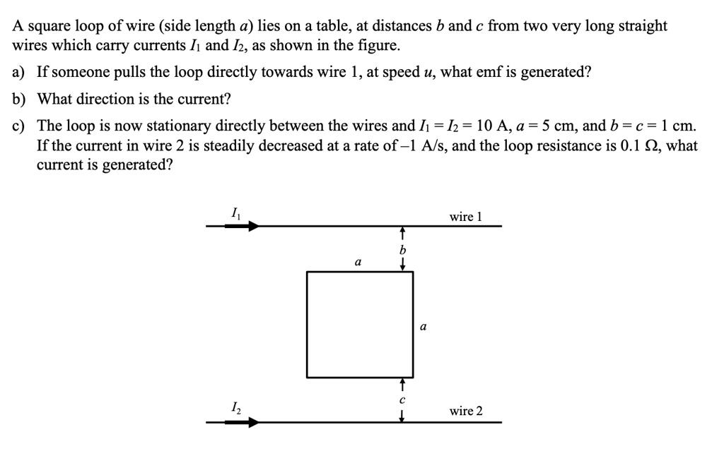 a square loop of wire side length a lies on a table at distances b and c from two very long ...