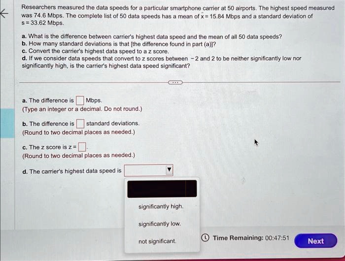 SOLVED: Researchers measured the data speeds for a particular ...