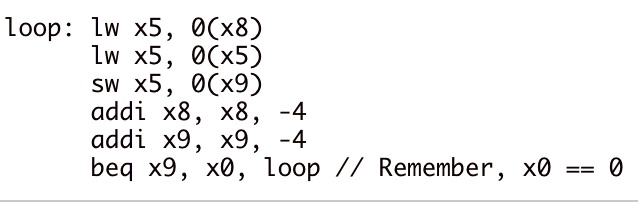 loop: lw x5, 0(x8) lw x5, 0(x5) sw x5, 0(x9) addi x8, x8, -4 addi x9, x9, -4 beq x9, x0, loop ...