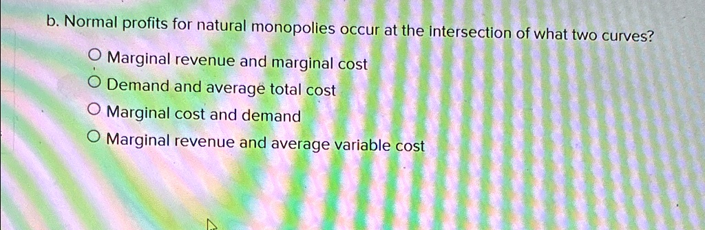 b normal profits for natural monopolies occur at the intersection of ...