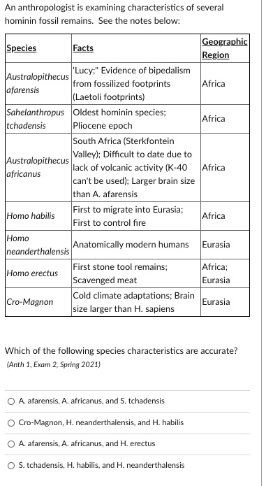 SOLVED: An anthropologist is examining characteristics of several ...