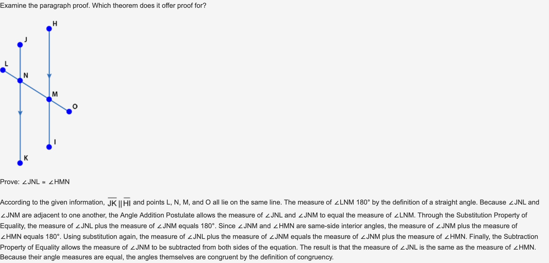Examine the paragraph proof. Which theorem does it offer proof for? Prove: ∠JNL≅∠HMN According ...