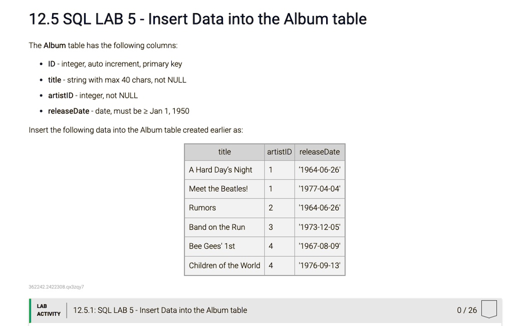 SOLVED: SQL LAB 5 - Insert Data into the Album table 12.5 SQL LAB 5 ...
