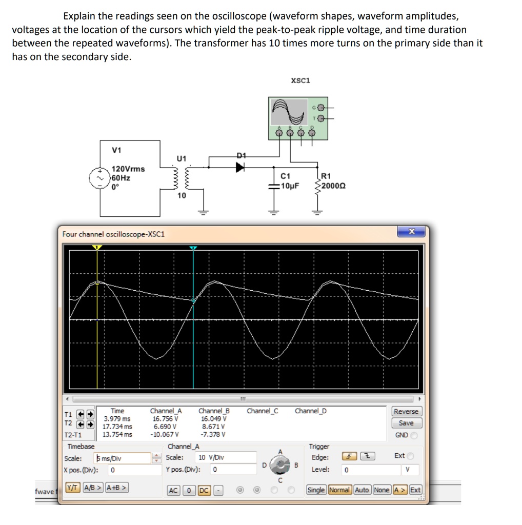 SOLVED: Explain the readings seen on the oscilloscope (waveform shapes ...