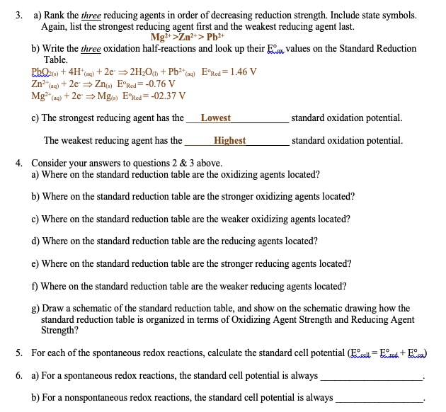 SOLVED: a) Rank the three reducing agents in order of decreasing ...