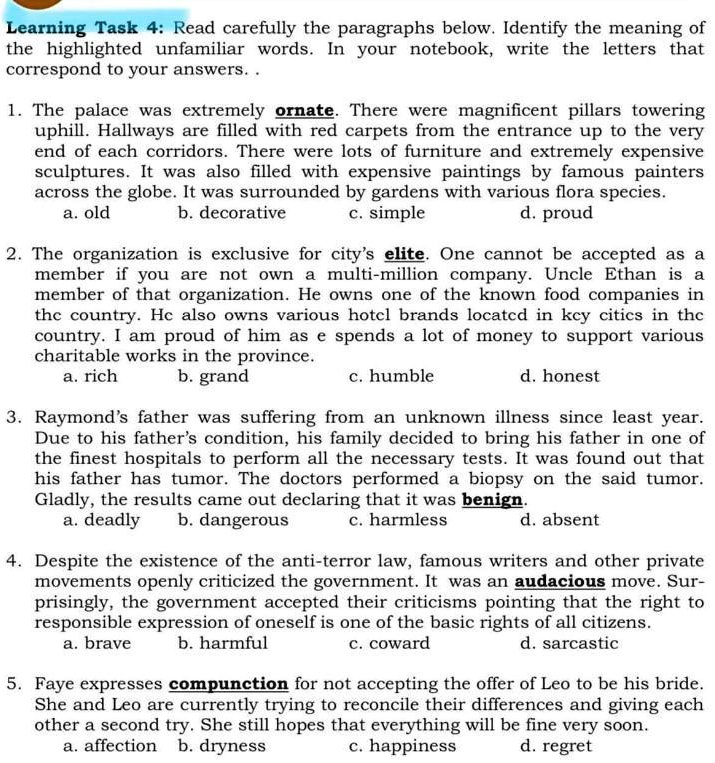 pa help po pa help po learning task 4 read carefully the paragraphs below identify the meaning ...