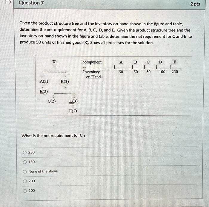 SOLVED: Question 7 2pts Given the product structure tree and the ...