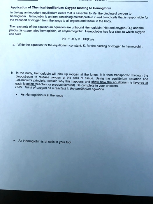 Application Of Chemical Equilibrium Oxygen Binding To Hemoglobin In Biology An Important