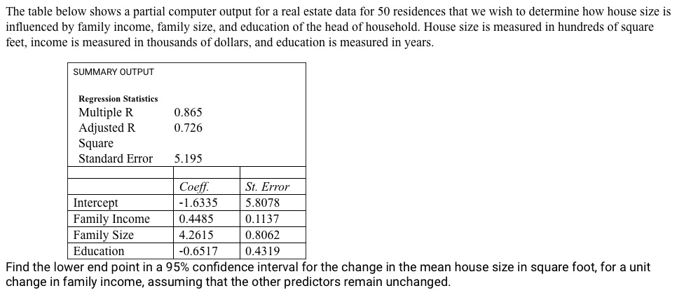 SOLVED: The table below shows a partial computer output for a real ...
