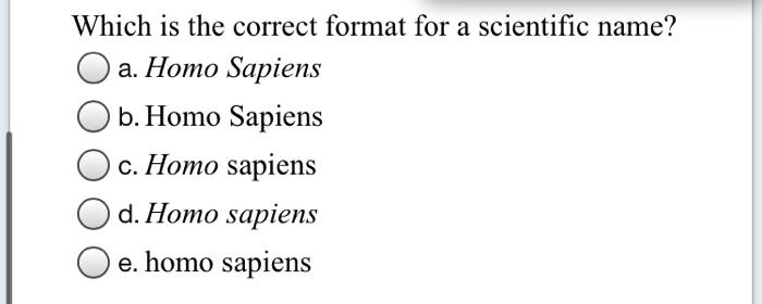 which is the correct format for a scientific name homo sapiens b homo ...