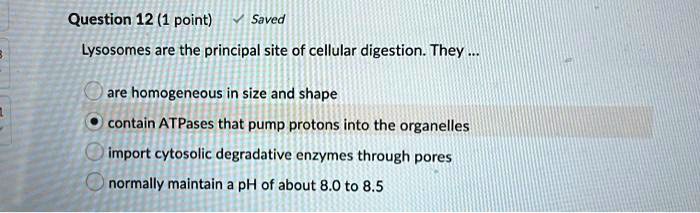 SOLVED: Question 12(1 point) HVSaved Lysosomes are the principal site ...