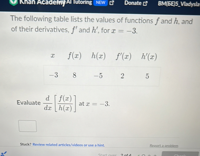 The following table lists the values of functions f and h, and of their derivatives, f^' and h ...