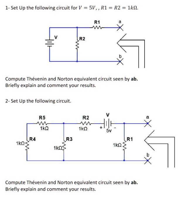 SOLVED: Texts: 1- Set up the following circuit for V = 5V. R1 = R2 = 1kΩ. R1 W M Compute ...