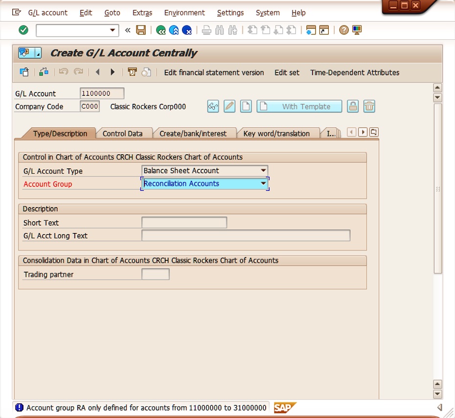 G/L account Edit Goto Extras Environment Settings System...