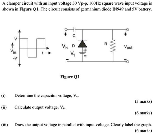 SOLVED: A clamper circuit with an input voltage 30 Vp-p,100Hz square wave input voltage is shown ...