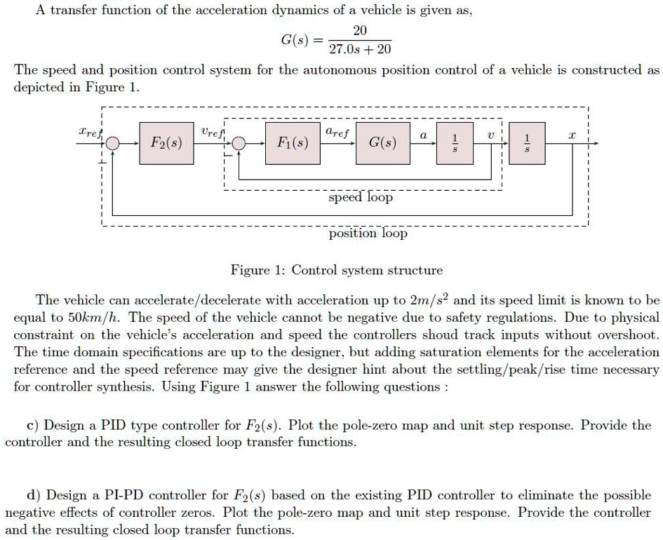 A transfer function of the acceleration dynamics of a vehicle is given as, G(s) = (20)/(27.0s ...