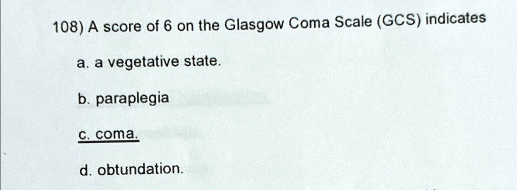 SOLVED: A score of 6 on the Glasgow Coma Scale (GCS) indicates: a. a ...