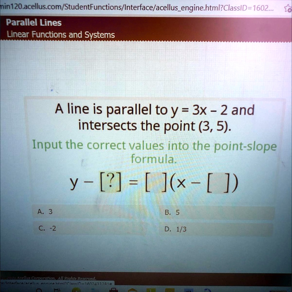 SOLVED: 'A line is parallel to y = 3x – 2 and intersects the point (3,5). hin120acelluscom ...