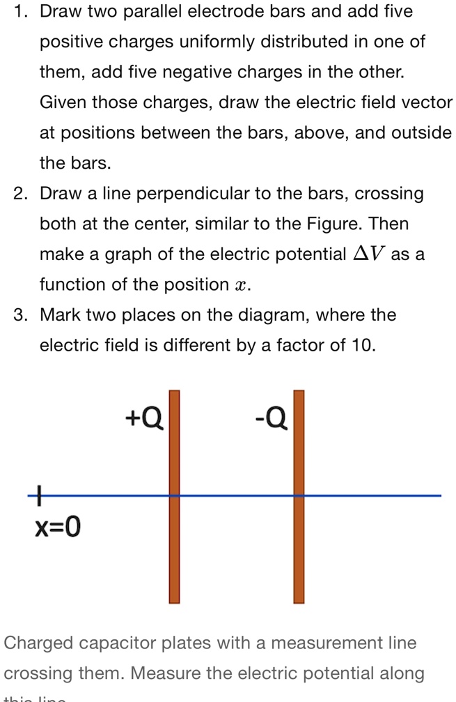 Draw two parallel electrode bars and add five positive charges ...