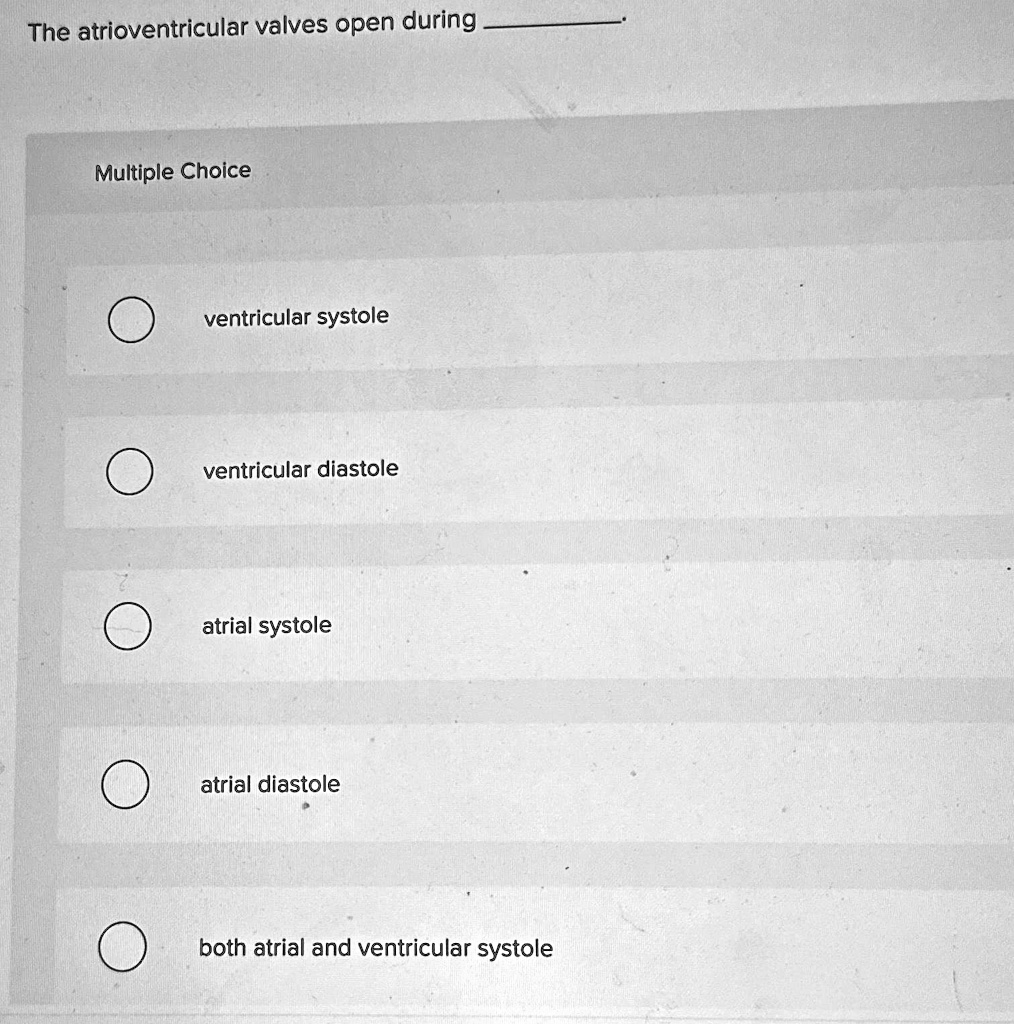 The atrioventricular valves open during Multiple Choice ventricular ...