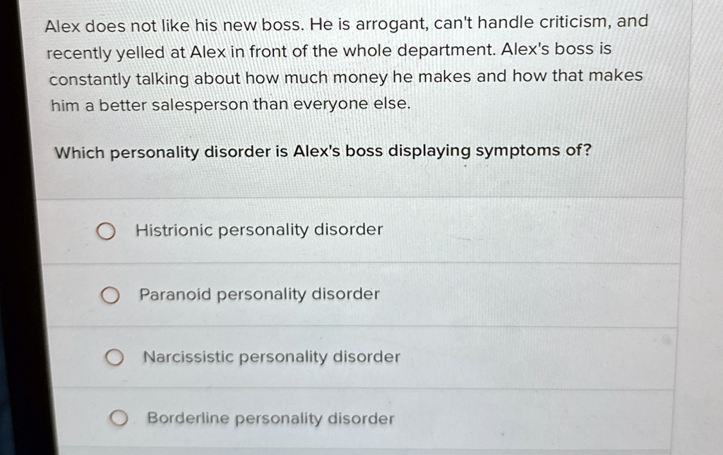 alex does not like his new boss he is arrogant cant handle criticism ...