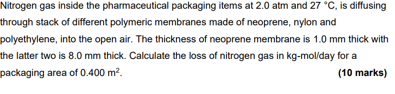 nitrogen gas inside the pharmaceutical packaging items at 20 atm and 27circ mathrmc is diffusing ...