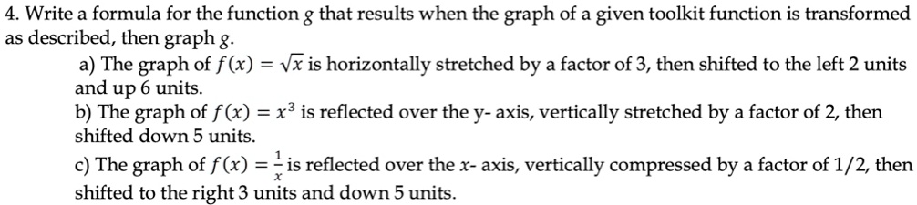 SOLVED: Write a formula for the function g that results when the graph of a given toolkit ...