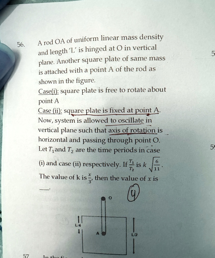 56 a rod oa of uniform linear mass density and length l is hinged at o in vertical plane another ...