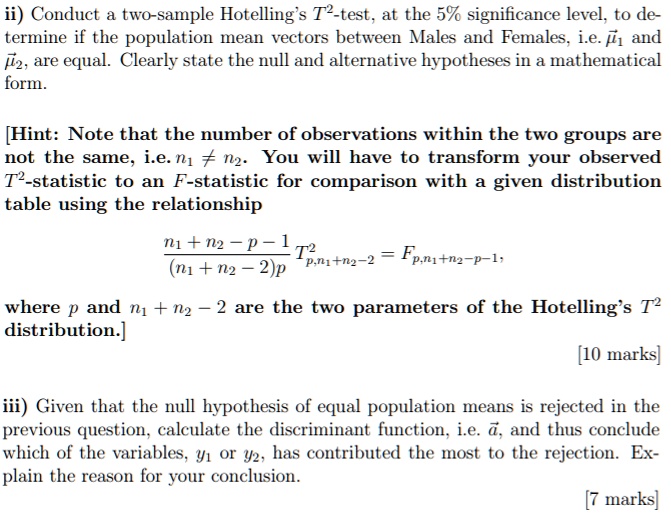 ii conduct a two sample hotelling s t2 test at the 5 significance level ...
