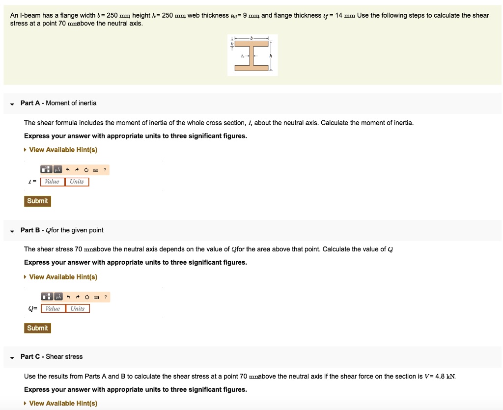 SOLVED: An I-beam has a flange width 6=250 mm height h=250 mm web ...