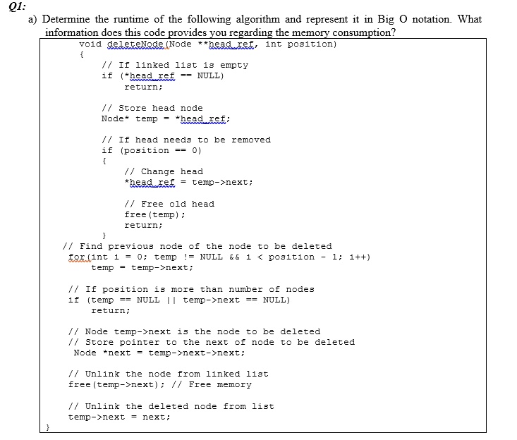 Solved Q1 Determine The Runtime Of The Following Algorithm And Represent It In Big O Notation 4144