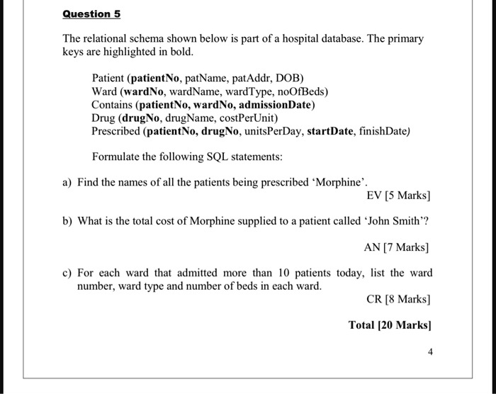 Question 5 The relational schema shown below is part of a hospital database. The primary keys ...
