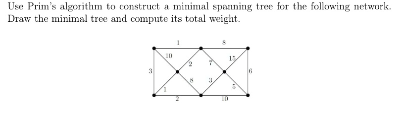 SOLVED: Use Prim algorithm to construct minimal spanning tree for the ... SOLVED: Use Prim algorithm to construct minimal spanning tree for the ...