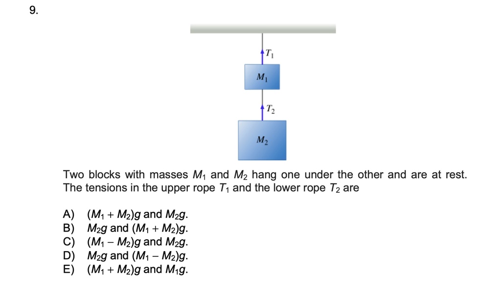 Two blocks with masses M1 and M2 hang one under the other and are at rest. The tensions in the ...
