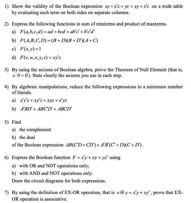 Solved Answer All The Questions Show The Validity Of The Boolean Expression X Xz Yz Xy