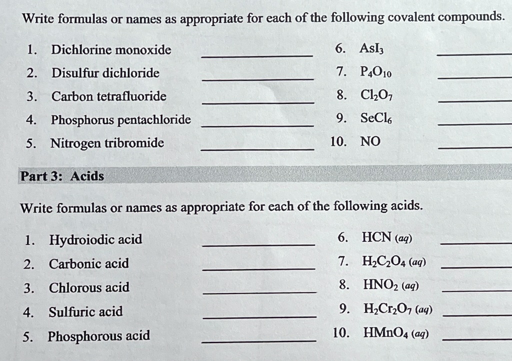 write formulas or names as appropriate for each of the following ...