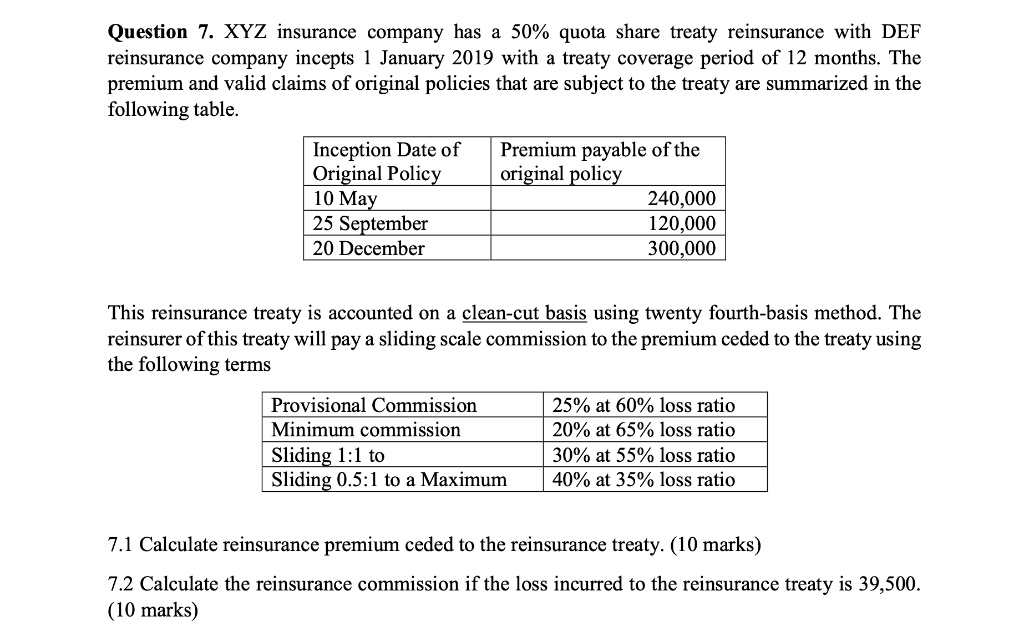 Question 7. XYZ insurance company has a 50% quota share treaty ...