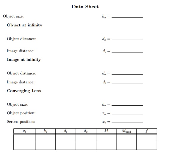 SOLVED:Data Sheet Object size: Object at infinity Object distance ...