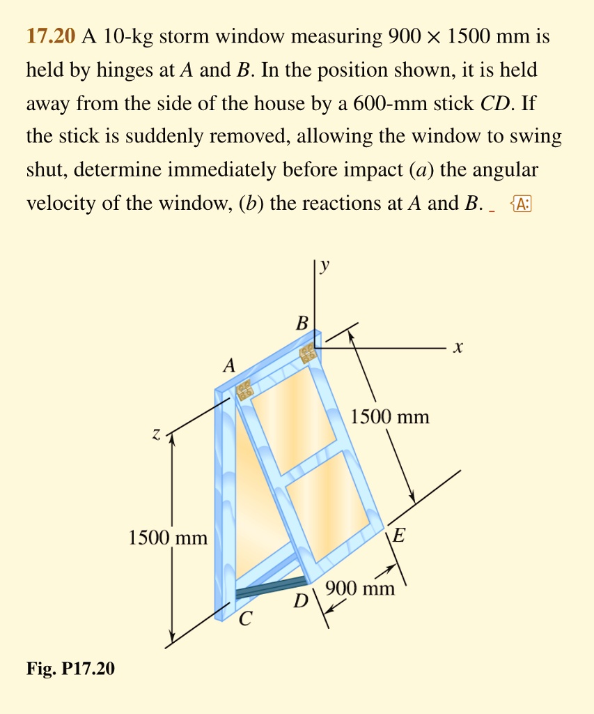 17.20 A 10-kg storm window measuring 900 × 1500 mm is held by hinges at A and B. In the position ...