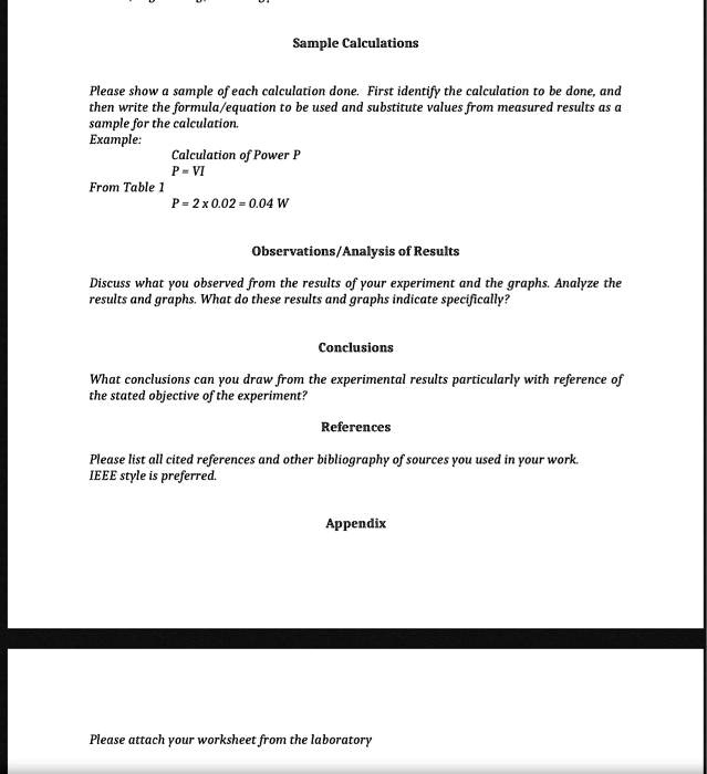 Sample Calculations Please show a sample of each calculation done ...