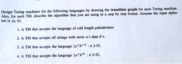 Design Turing machines for the following languages by drawing the transition graph for each ...