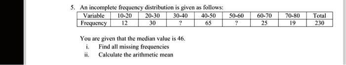 5. An incomplete frequency distribution is given as follows: Variable 10-20 20-30 30-40 40-50 50 ...