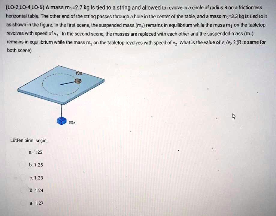 SOLVED:(LO2,L04,L0-6) A mass m1=2.7 kg is tied to a string and allowed to revolve in a circle of ...