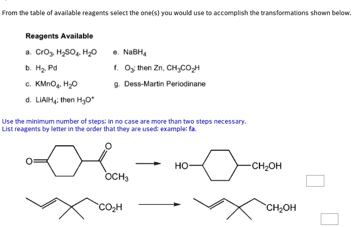 From the table of available reagents select the one(s) you would use to ...