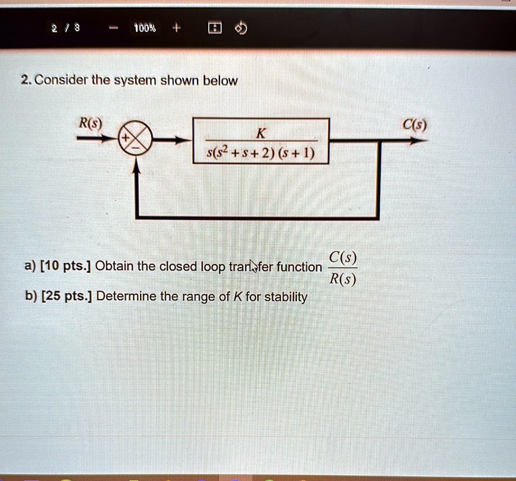SOLVED: Texts: 2/3 100% 2. Consider the system shown below: R(s) C(s) K s(s^2 + s + 2(s + 1)) a ...