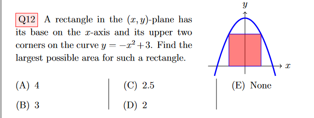 SOLVED: Q12 A rectangle in the (x, y)-plane has its base on the x-axis and its upper two corners ...