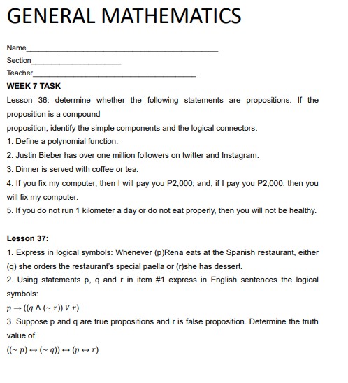 SOLVED: GENERAL MATHEMATICS Name Section Teacher WEEK 7 TASK Lesson 36: determine whether the ...