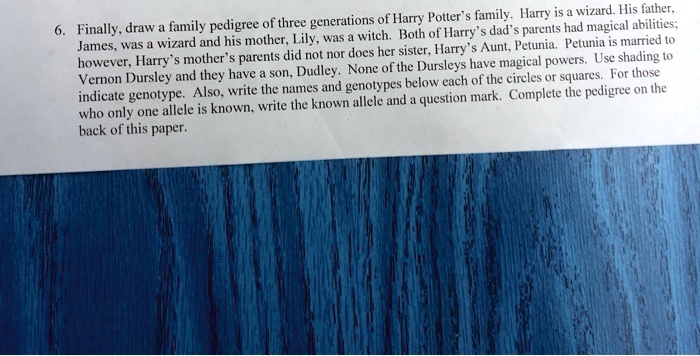 6. Finally, draw a family pedigree of three generations of Harry Potter ...